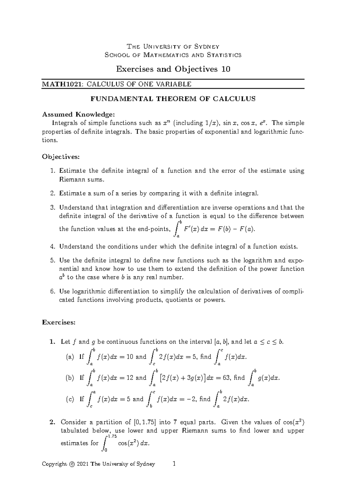 MATH1021 Exercises-10 2021 S2 - MATH1021 - USyd - Studocu