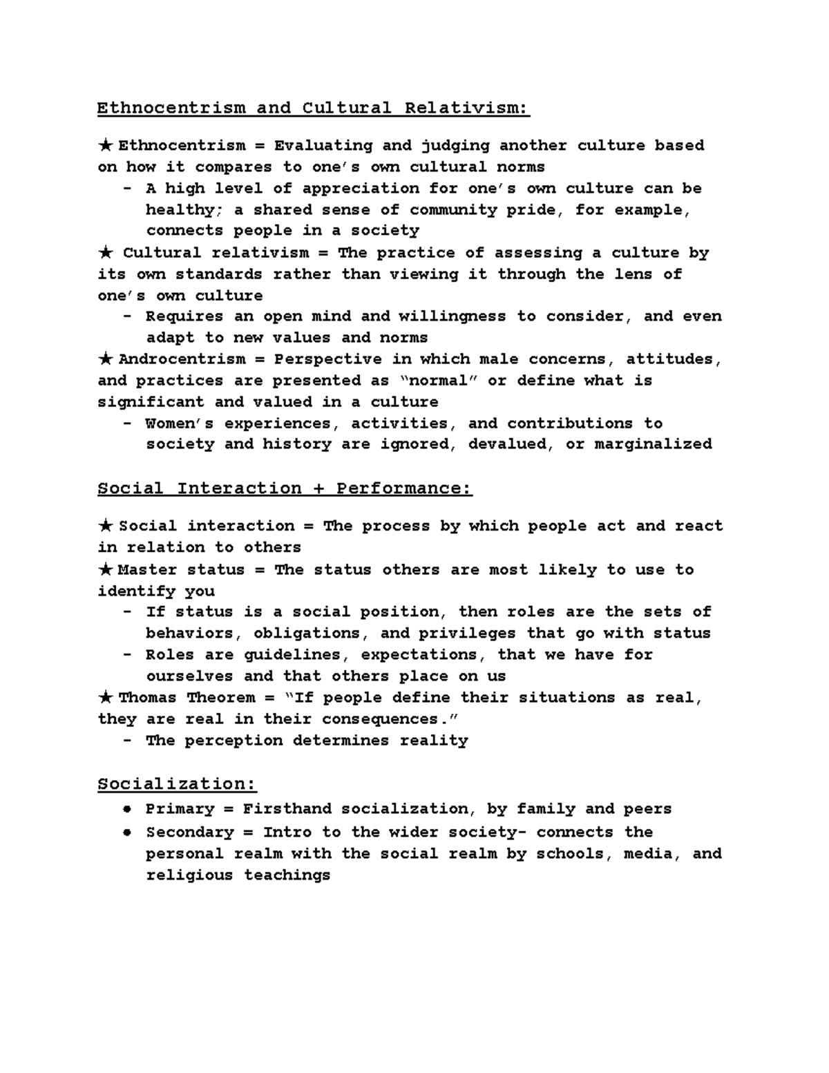 Culture and Social Interaction Notes - Ethnocentrism and Cultural ...