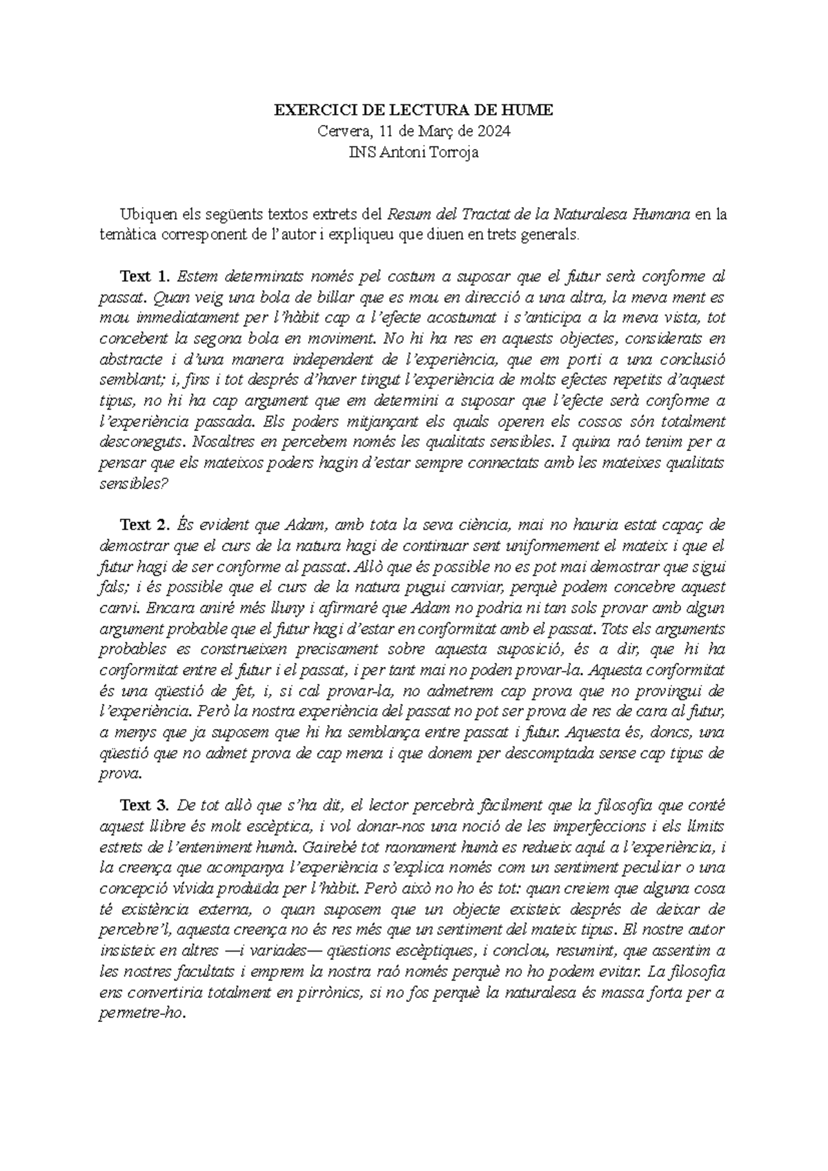 Exercici DE Lectura DE HUME - EXERCICI DE LECTURA DE HUME Cervera, 11 ...