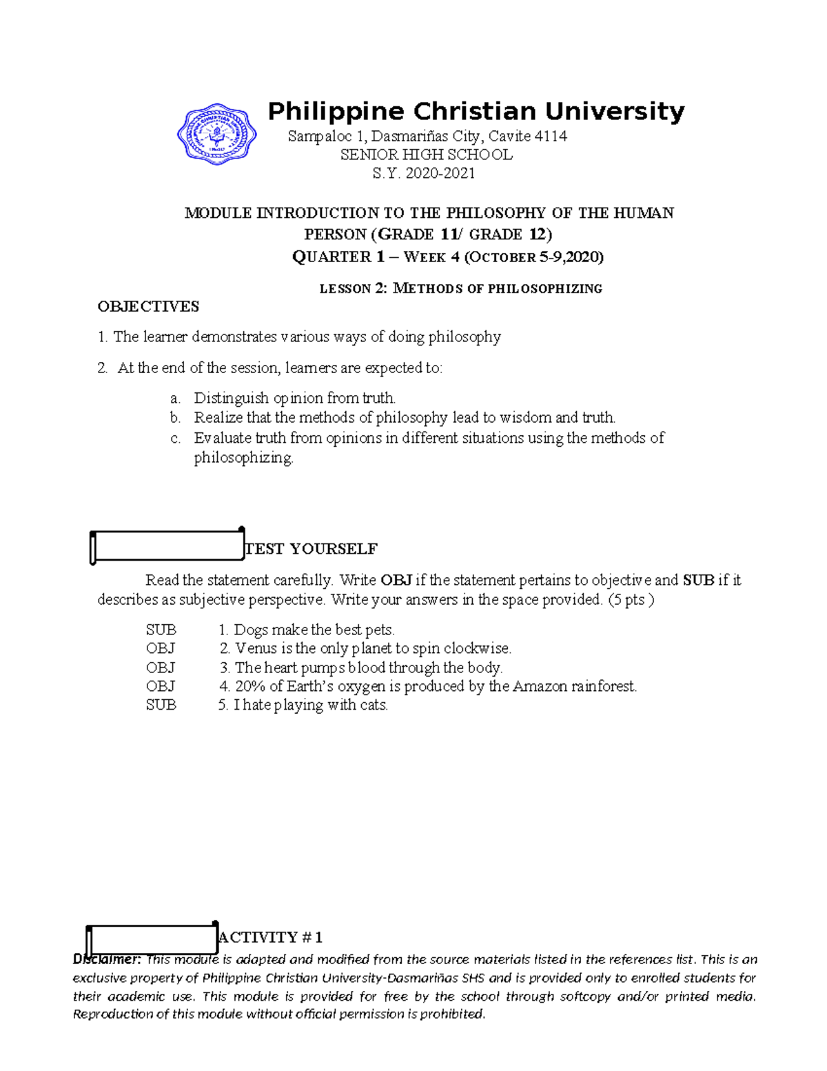 Asd 19 Notes And Assignments Philippine Christian University Sampaloc 1 Dasmariñas City 