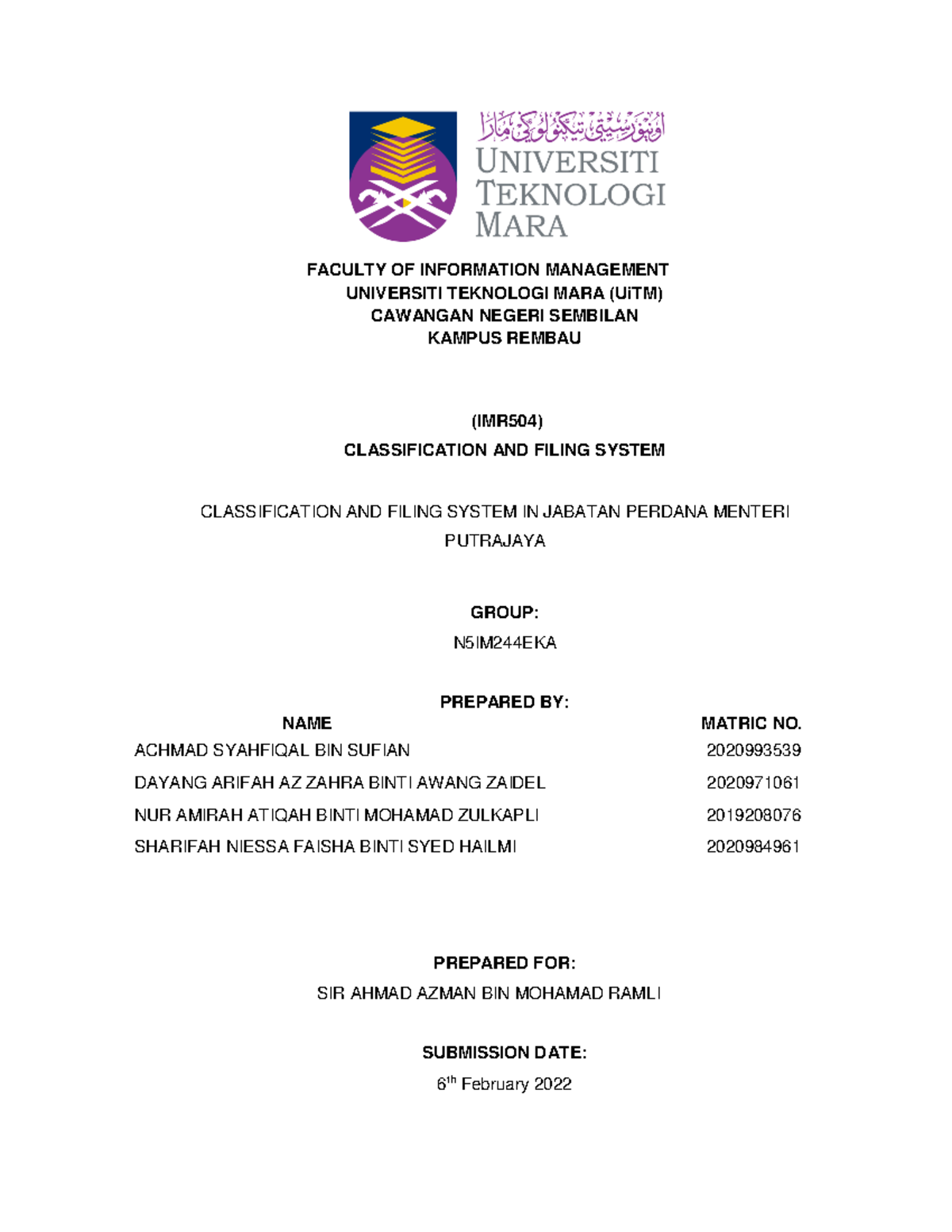 IMR504 CASE Study Report Sharifah Niessa Farisha BT SYED Hailmi ...