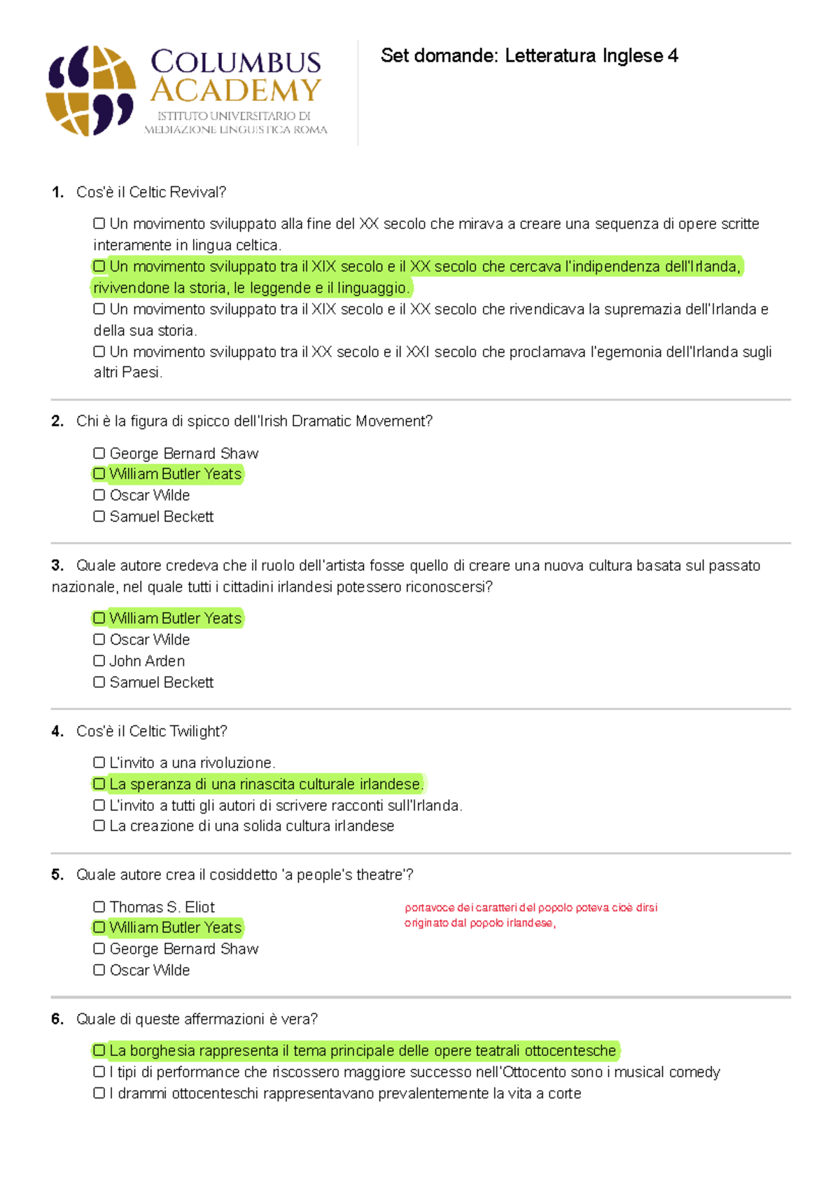 Letteratura Inglese 4 9CFU Corretto - Set domande: Letteratura Inglese ...