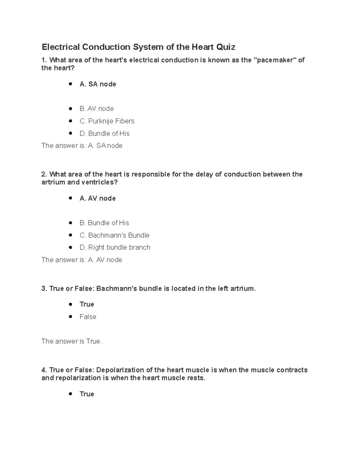 Electrical Conduction System of the Heart Quiz - What area of the heart ...