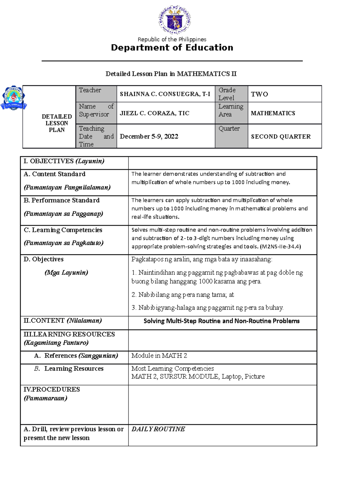 MATH2 DLP WEEK5 Q2 - MATH 2 - Department of Education Detailed Lesson ...