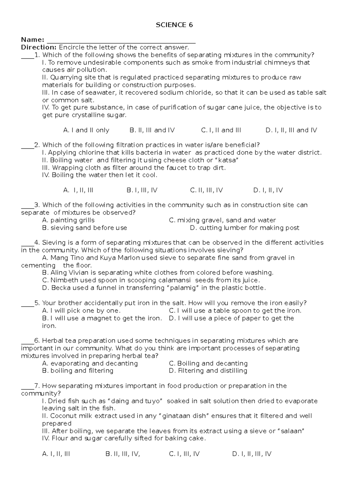 Science 6 - ASSESSMENT - SCIENCE 6 Name ...