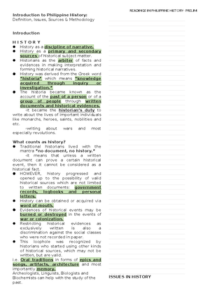 Module 1- Introduction to history - Subject: READINGS IN THE PHILIPPINE HISTORY Module 1 Date ...