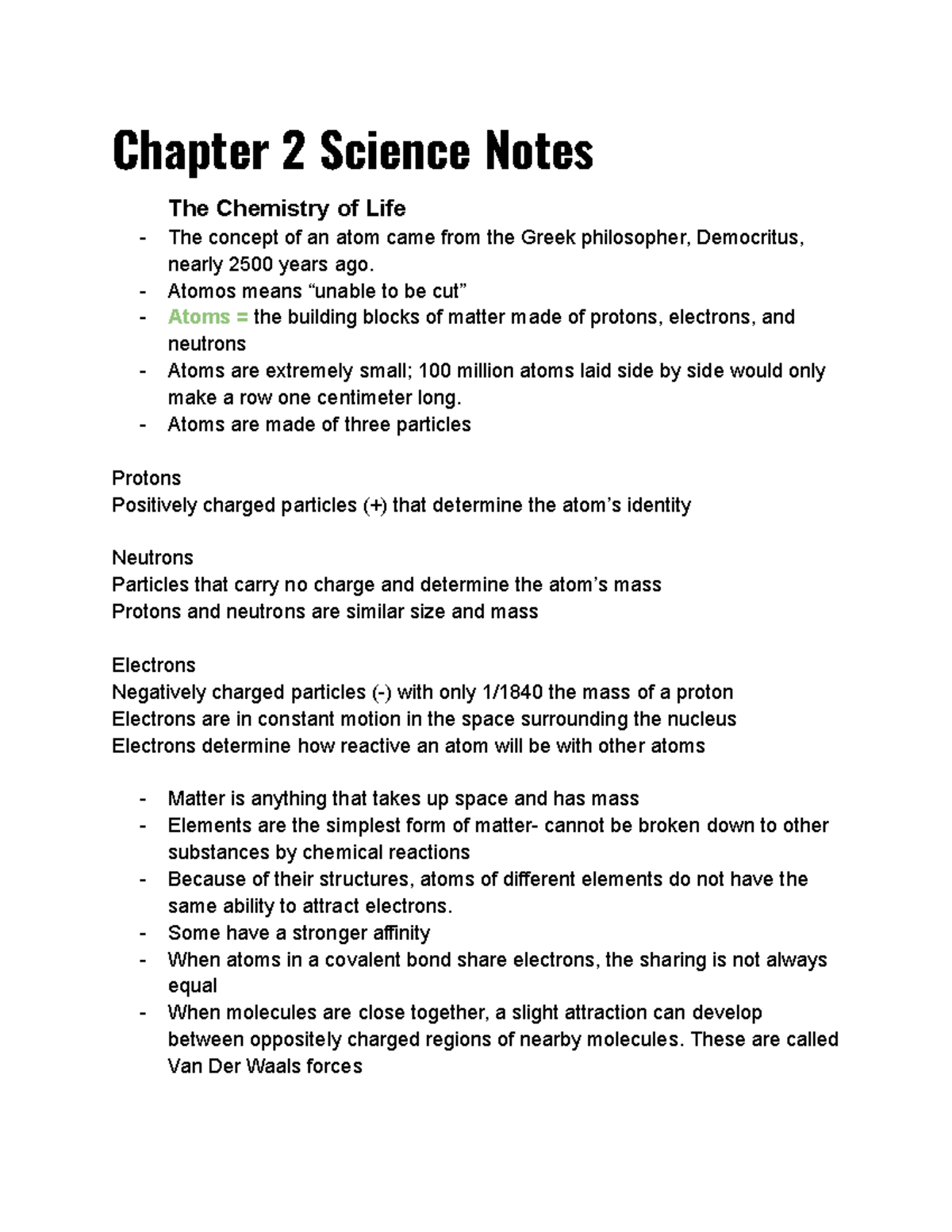 Chapter 2 Science Notes - Chapter 2 Science Notes The Chemistry of Life ...