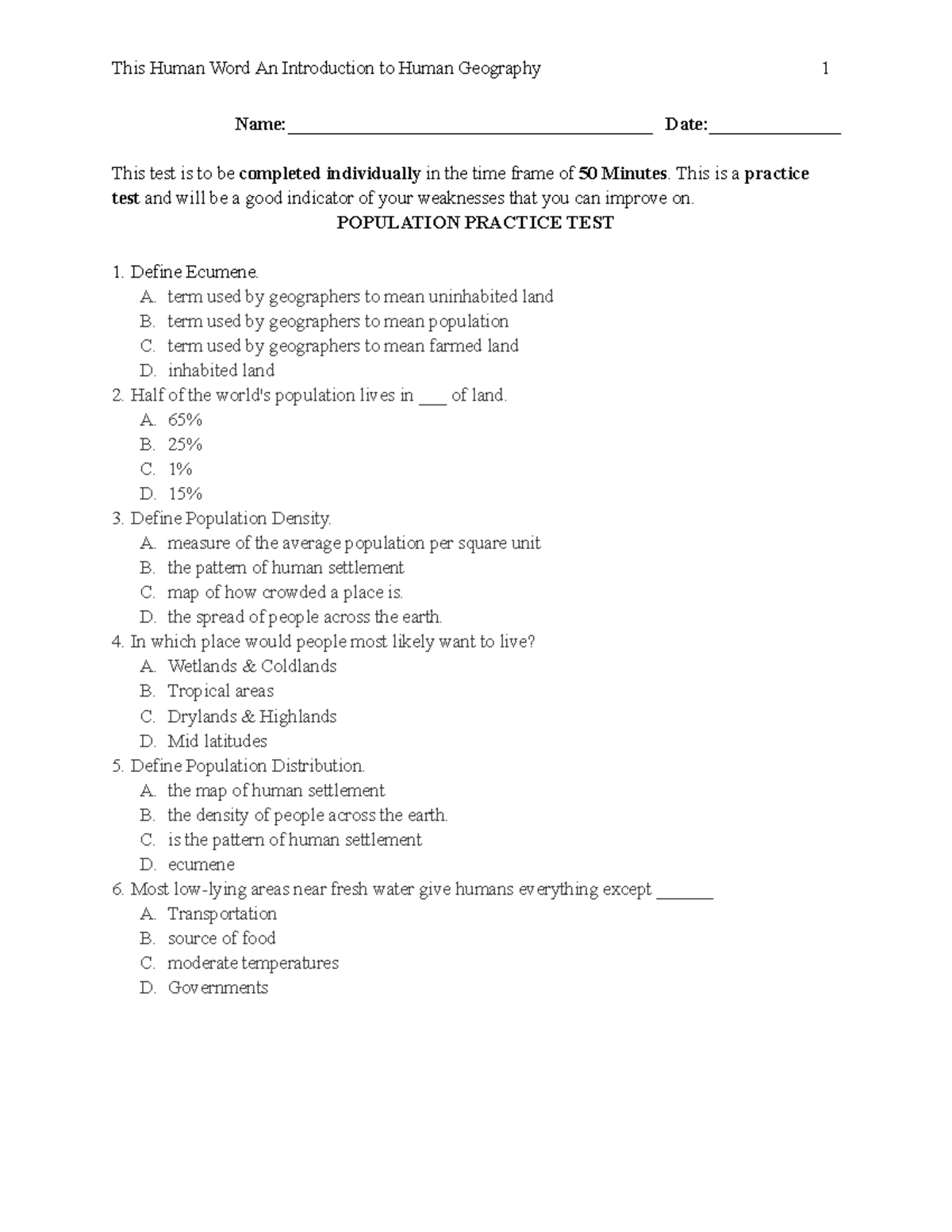 Population (Chapter 2A) Practice Test with Answer Key - Name