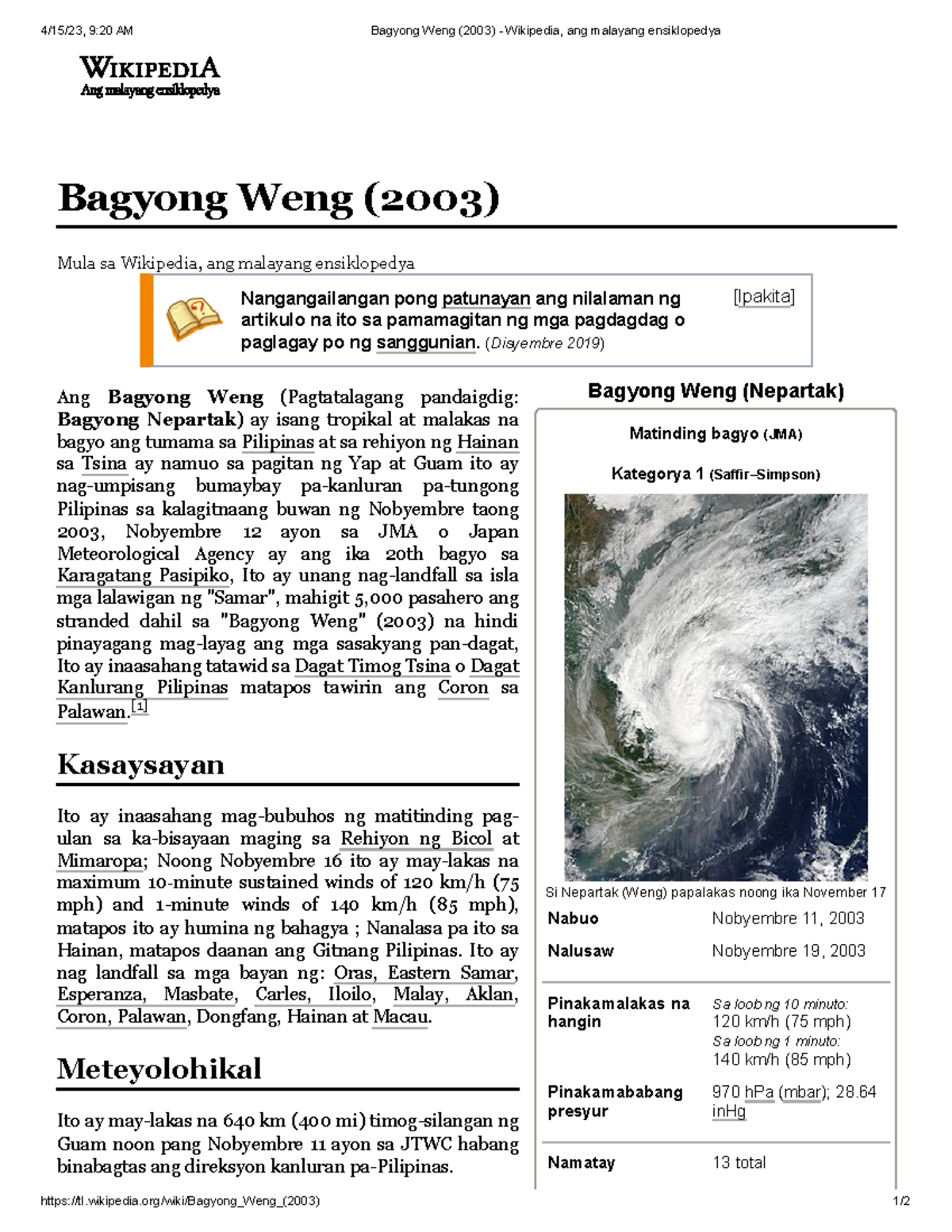 Bagyong Weng (2003 ) - Wikipedia, ang malayang ensiklopedya - 4/15/23 ...