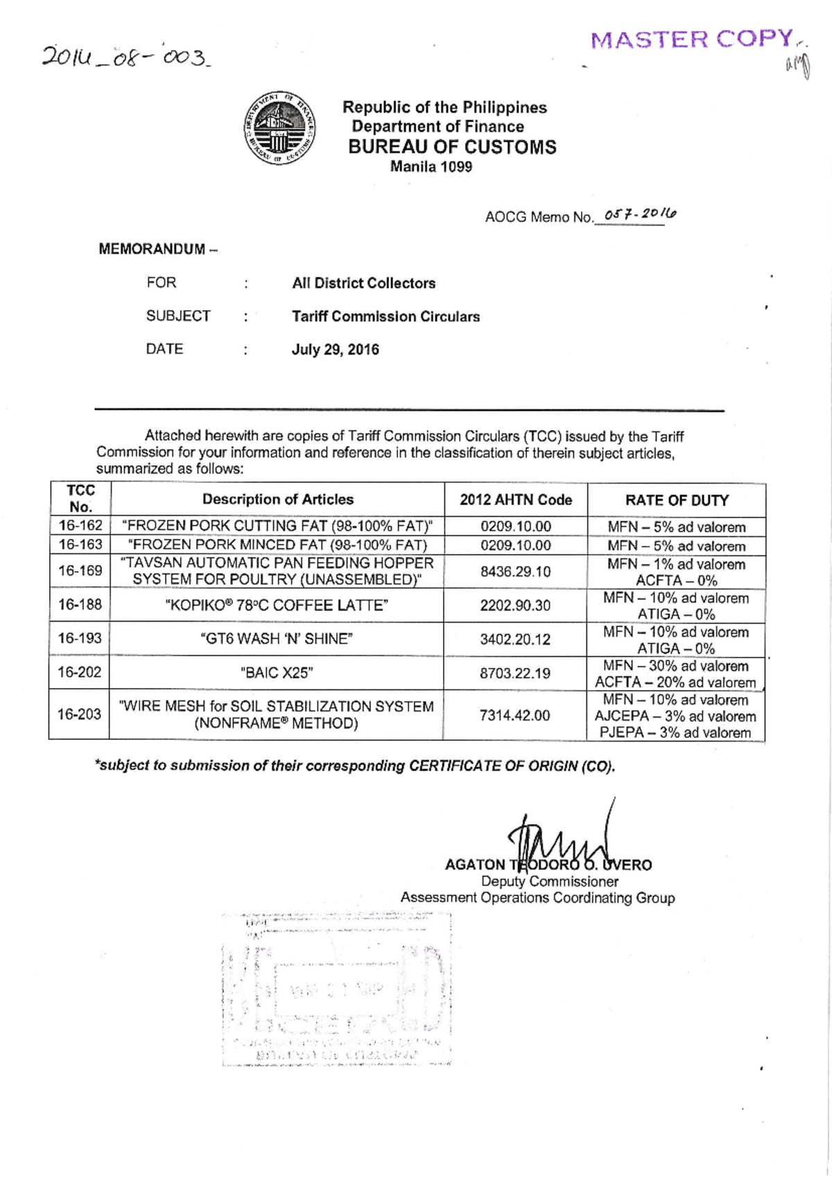 Mem 2016 08 003 Tariff Commission Circulars - . . MASTER COPY... C03. a ...