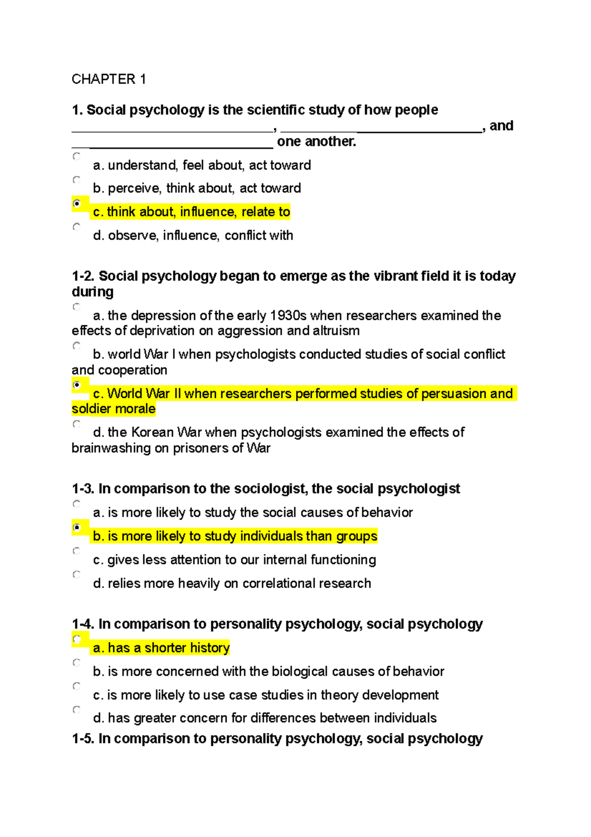 Myers Textbook Practice EXAM - CHAPTER 1 1. Social psychology is the ...