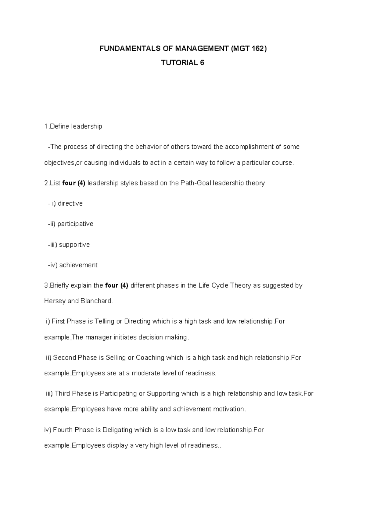 Tutorial MGT 6 - mgt162 - FUNDAMENTALS OF MANAGEMENT (MGT 162) TUTORIAL ...