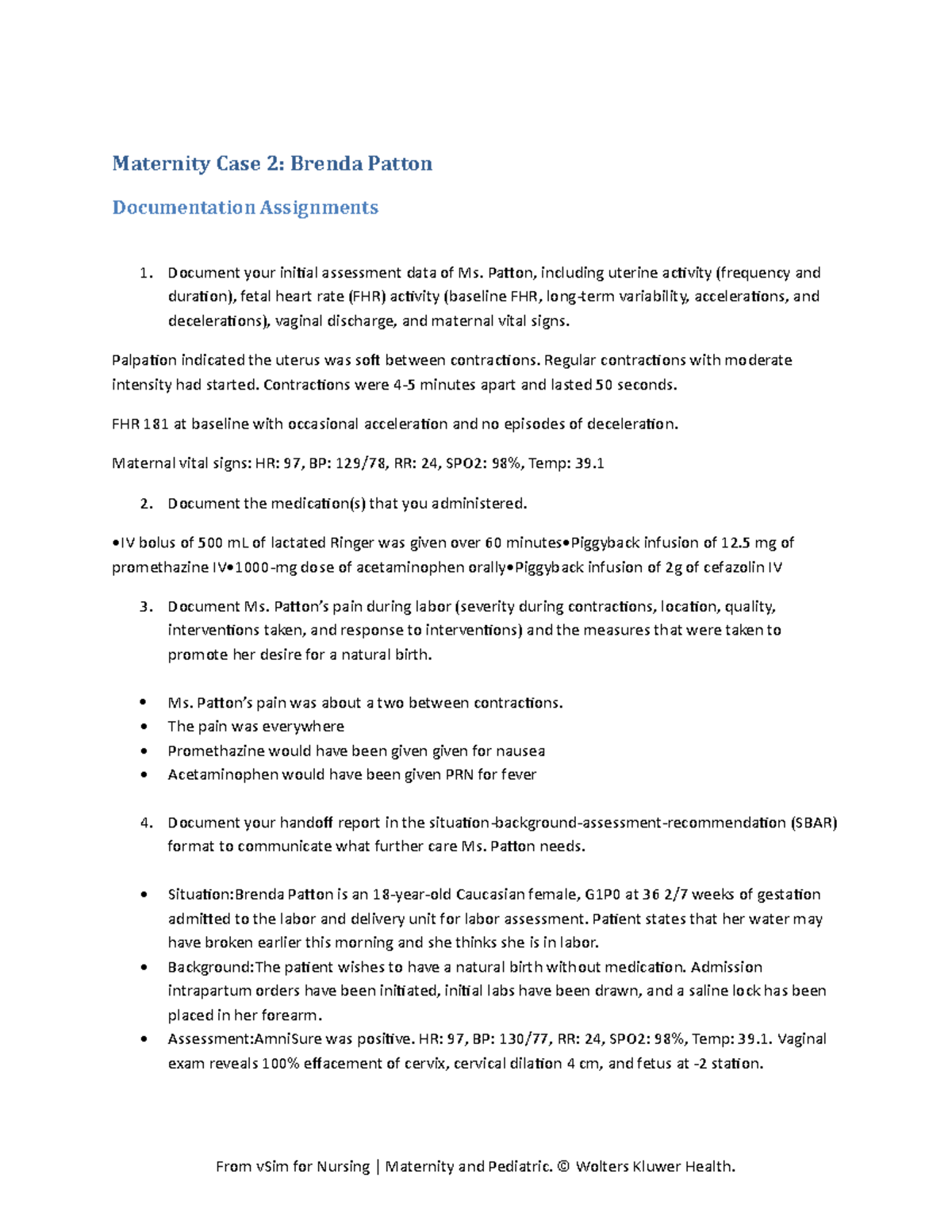 Maternity Case 2 reflective questions - Maternity Case 2: Brenda Patton ...
