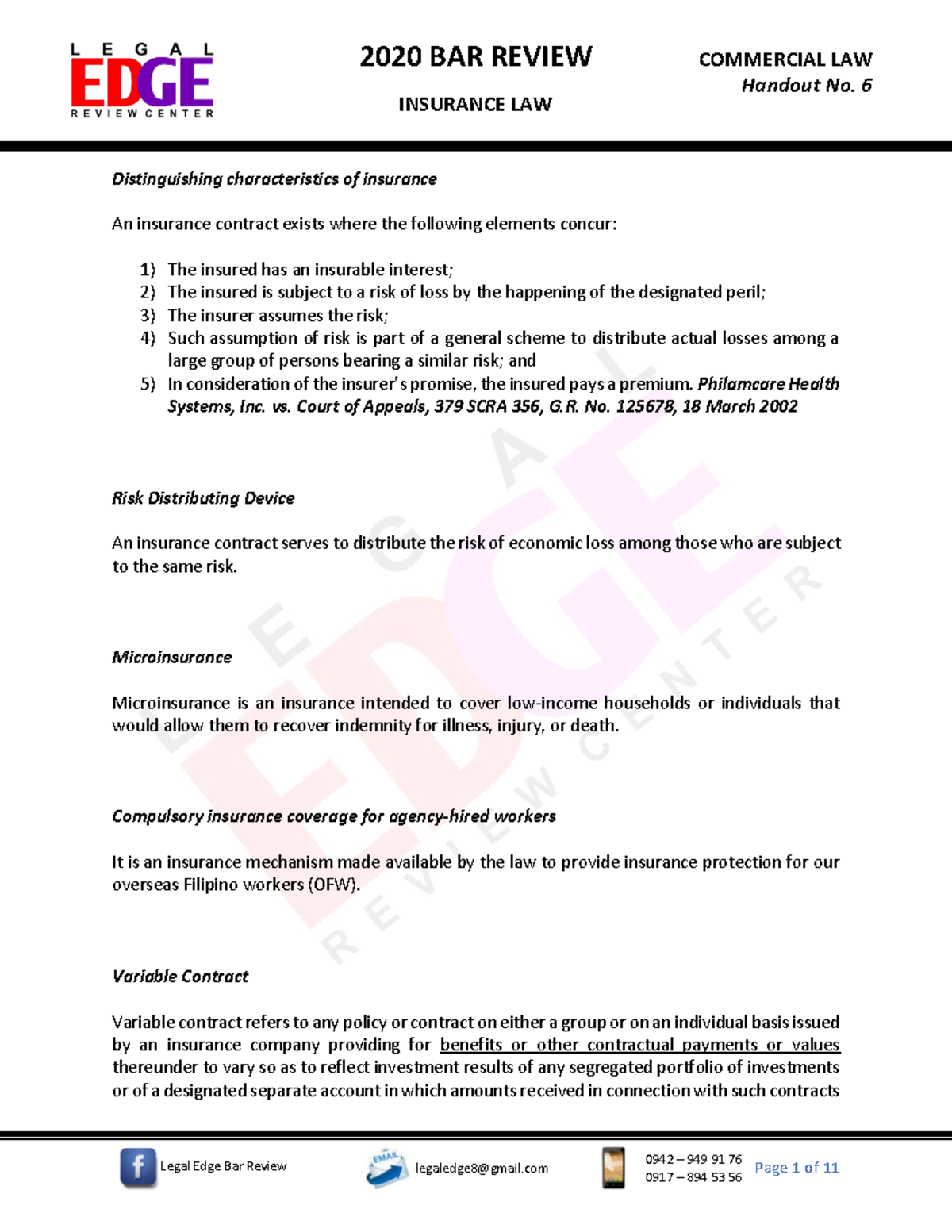 HO 6 - Commercial Law - Insurance Law - INSURANCE LAW Handout No. 6 ...