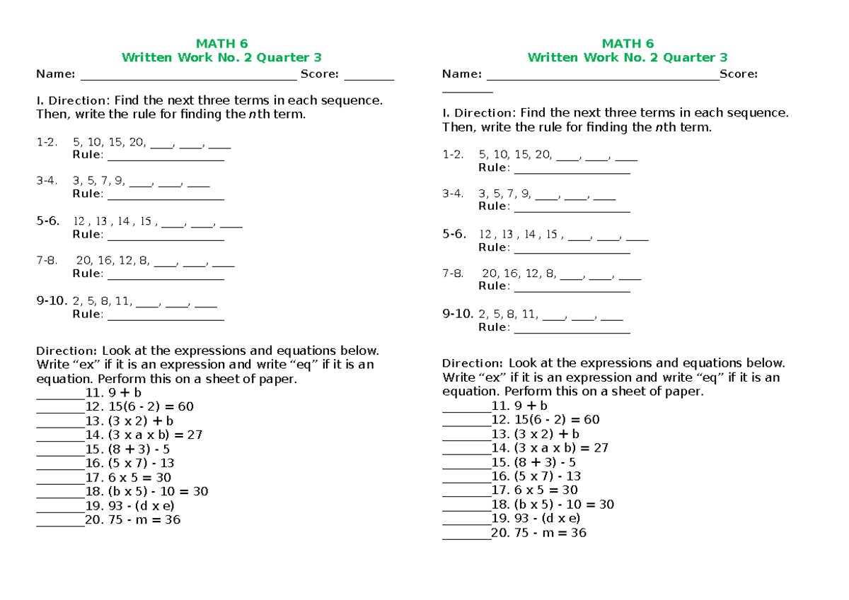 Ww2 - none - MATH 6 Written Work No. 2 Quarter 3 Name