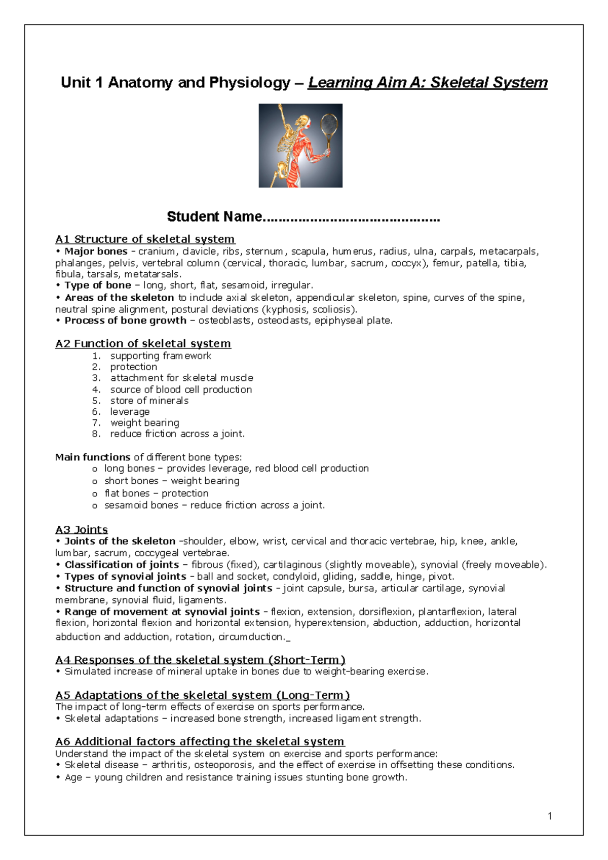 Learning Aim A - Skeletal System Workbook - Unit 1 Anatomy and ...