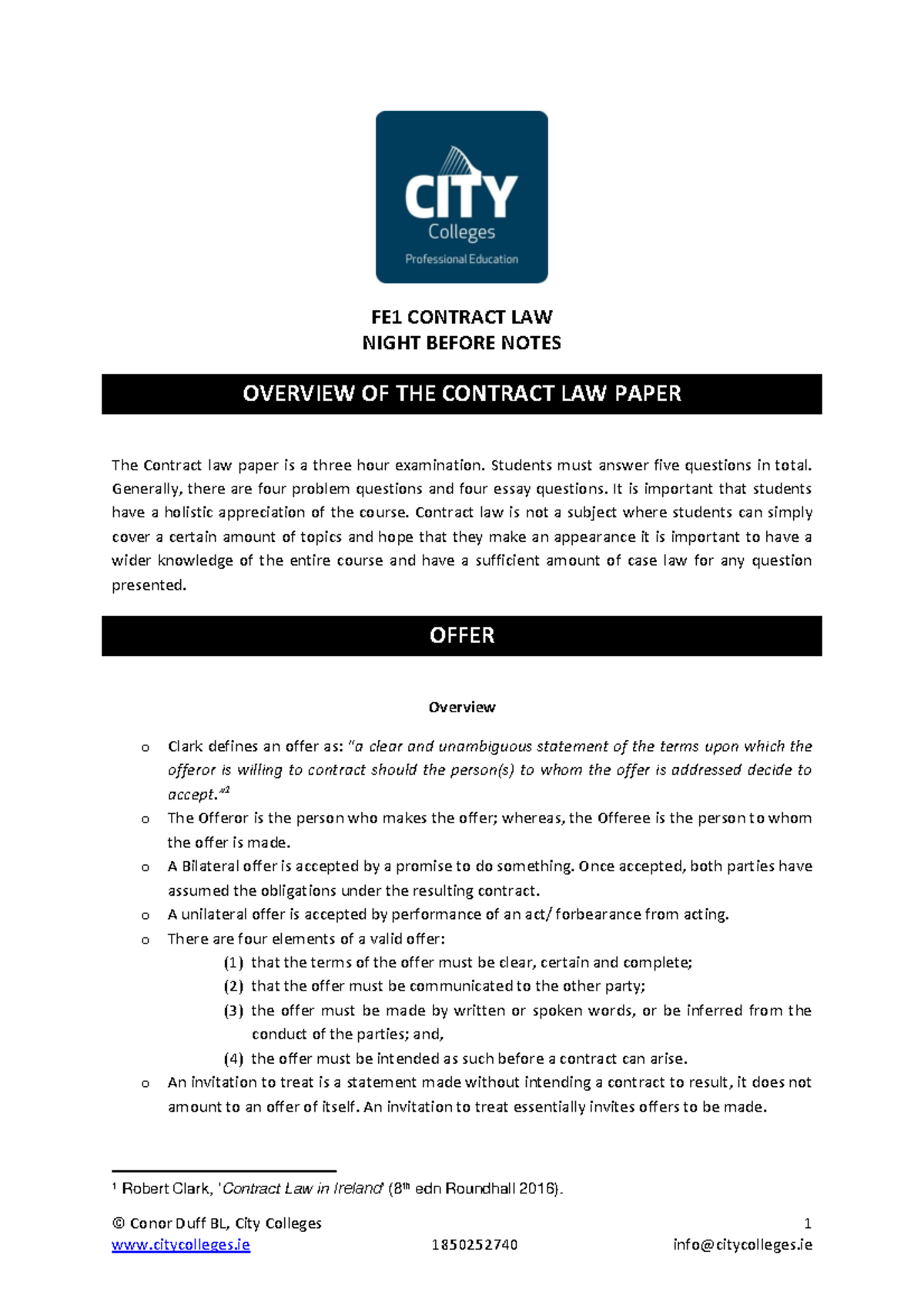 Contract law Night Before Notes October 2021 - © Conor Duff BL, City ...