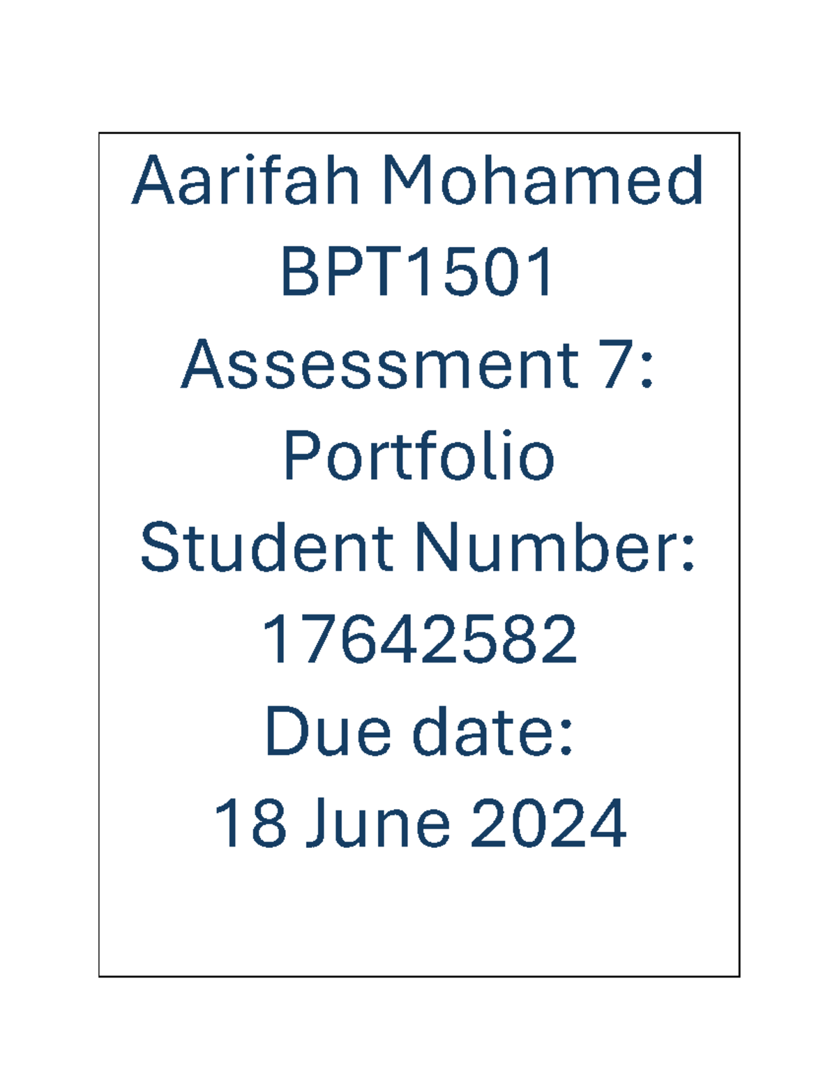 BPT1501 Assessment 7 - Aarifah Mohamed BPT Assessment 7: Portfolio ...