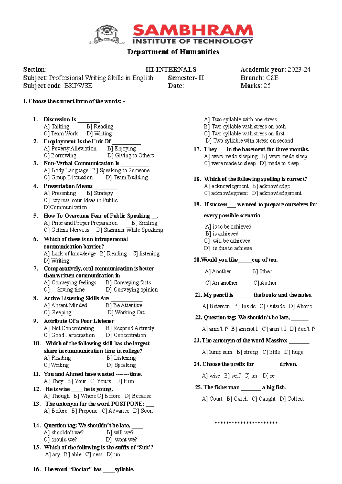 English Internals 3 - 2023-24 - Department of Humanities Section: III-INTERNALS Academic year ...