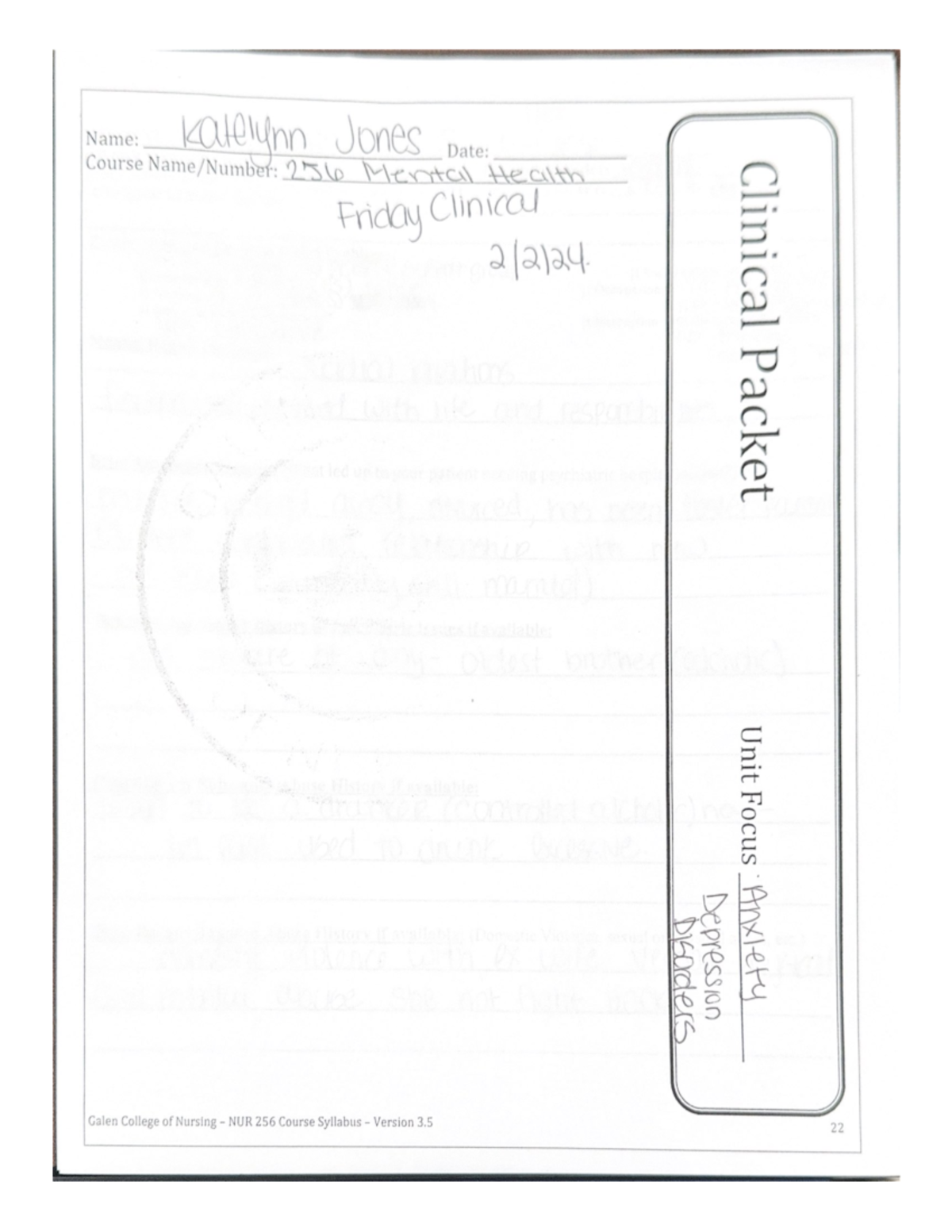 Clinical Packet Hospital Rotation - Name: Kalelynn Jones Date: Course ...