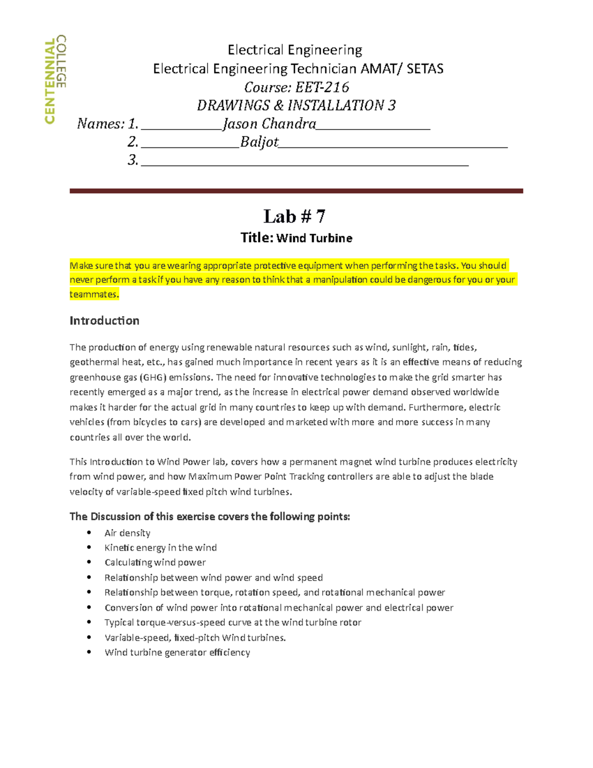 EET-216 W8 LAB # 7 - Wind Turbine (rev1) - EET216 - Centennial College ...