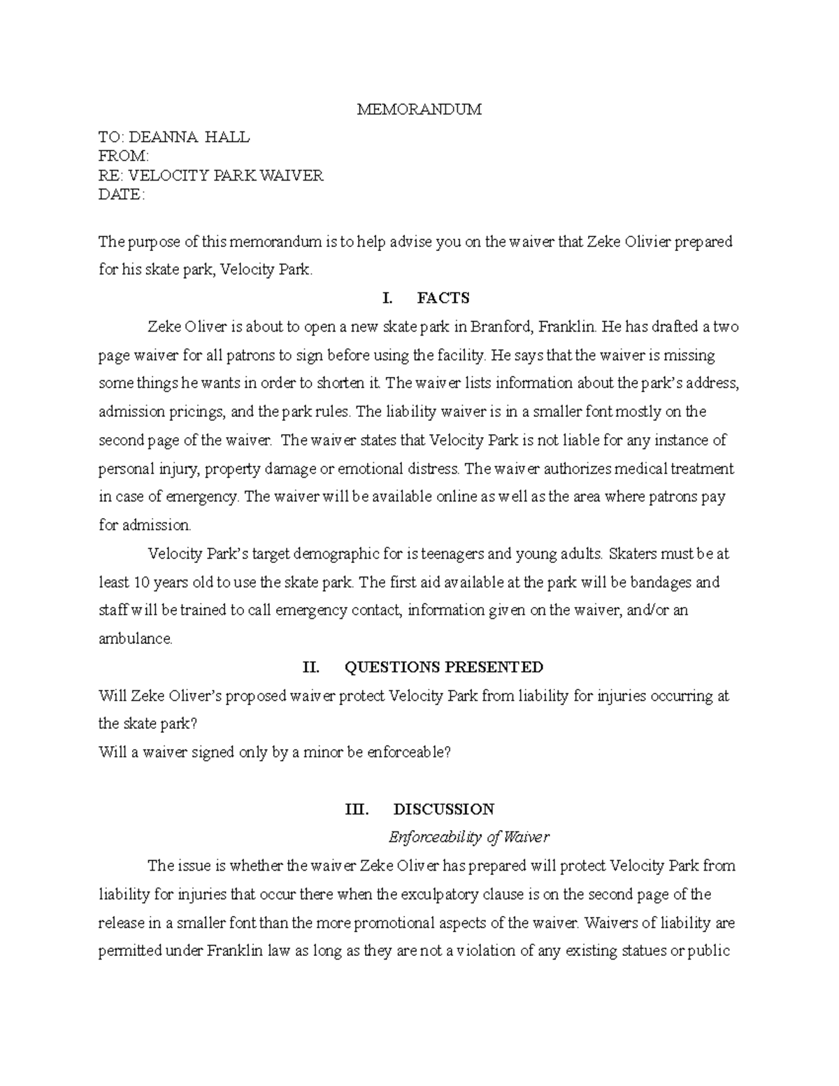 MPT Memorandum Assignment - MEMORANDUM TO: DEANNA HALL FROM: RE ...