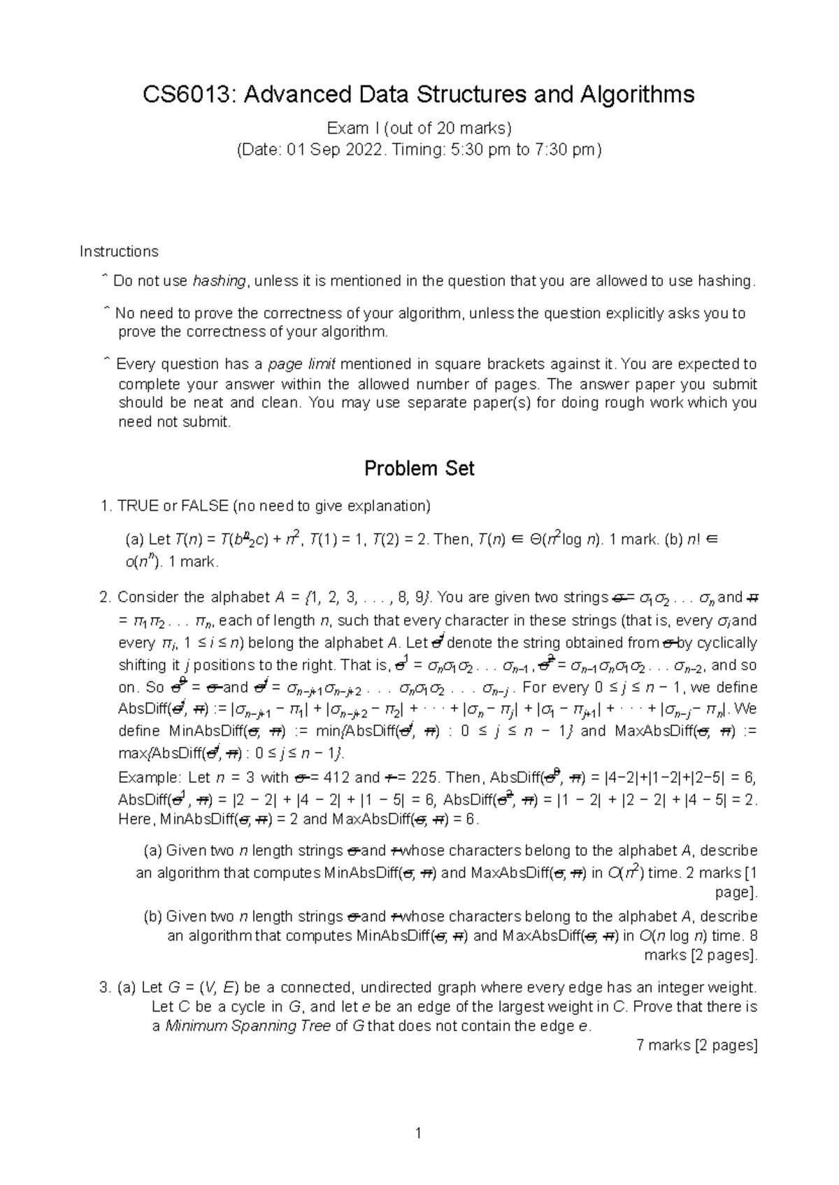 Exam 1b - 1b out of 4 quizzes - CS6013: Advanced Data Structures and Algorithms Exam I (out of ...