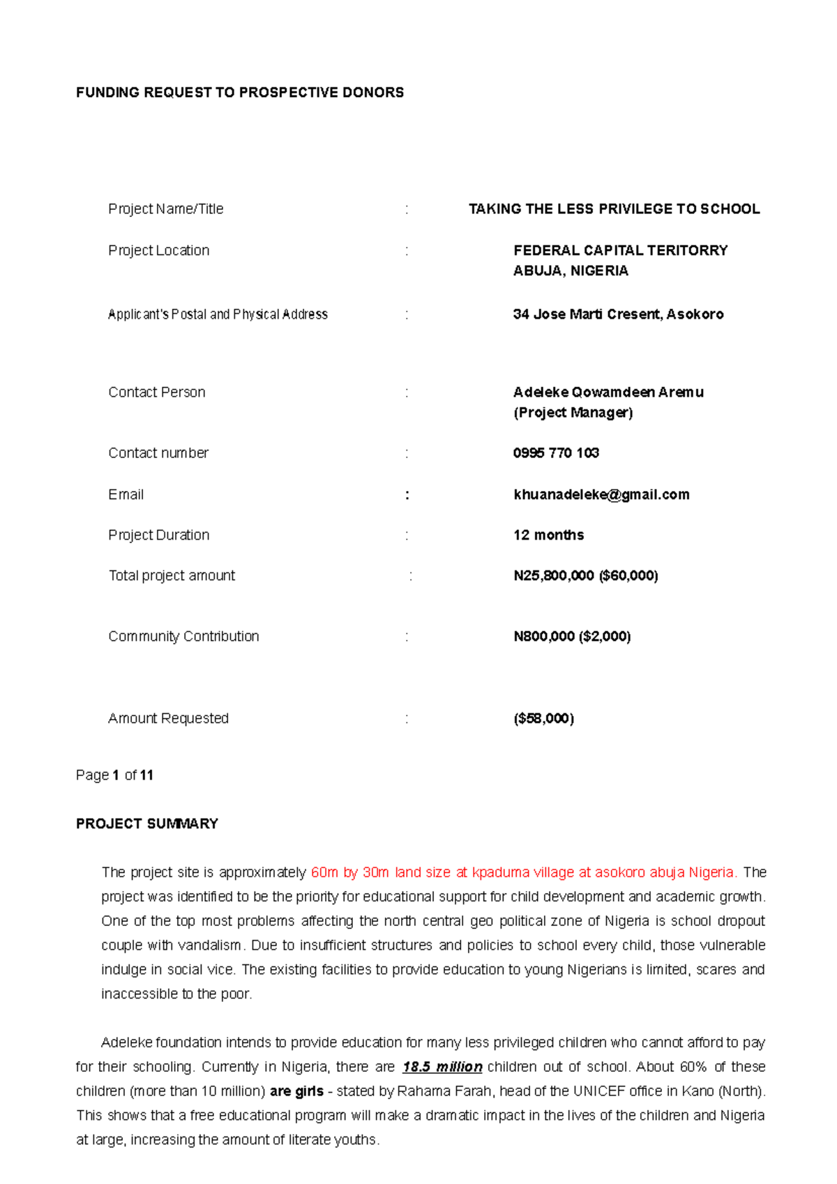 ADE Fndation Proposal FOR Funding TO - FUNDING REQUEST TO PROSPECTIVE ...