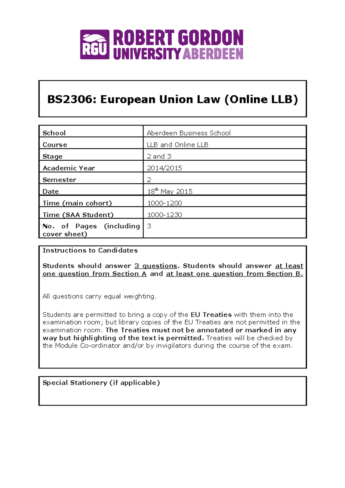 European Union Law - of Pages cover sheet) 3 (including Instructions to ...
