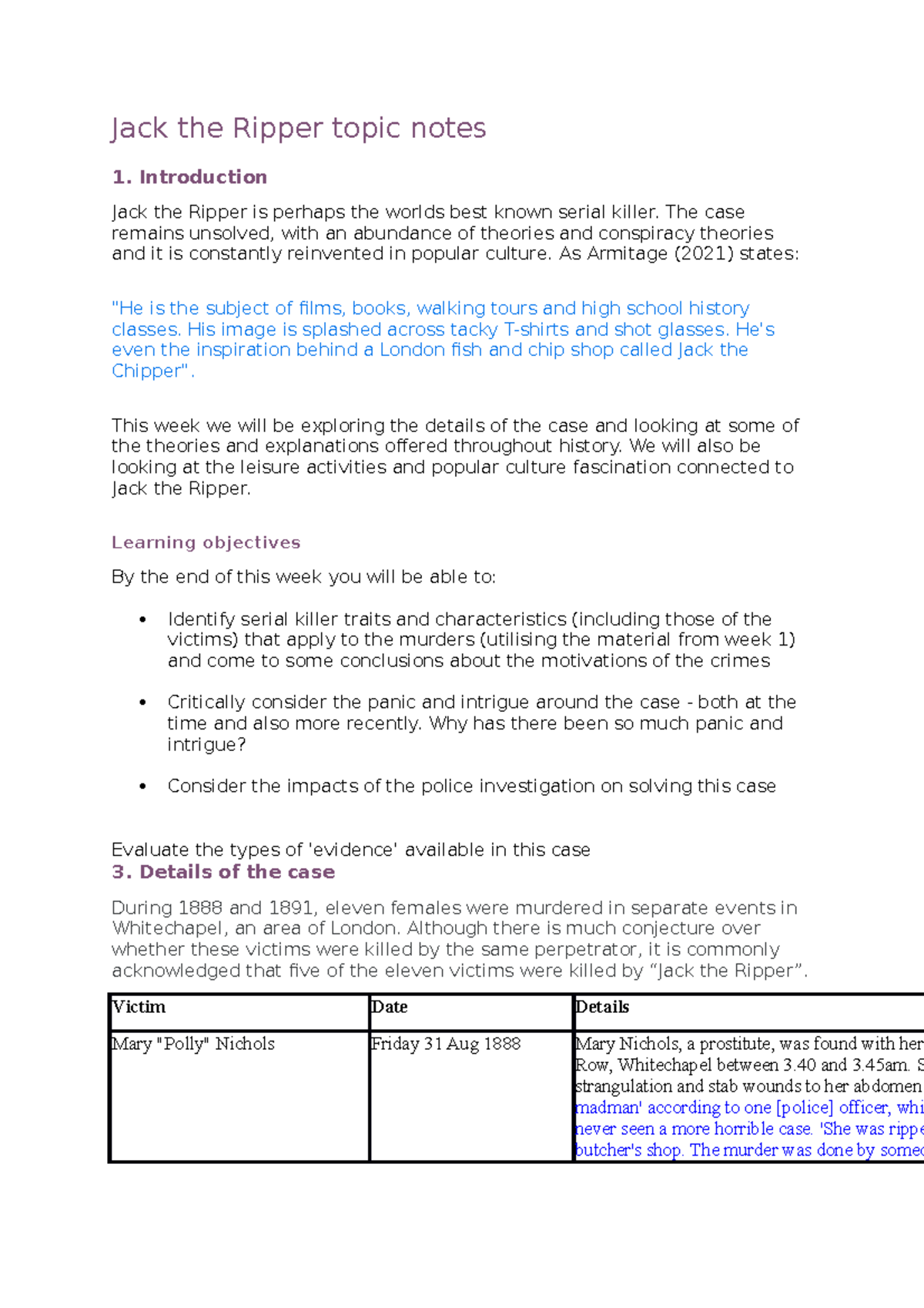 CRIM233 Notes Week 2 Jack the Ripper - Jack the Ripper topic notes ...