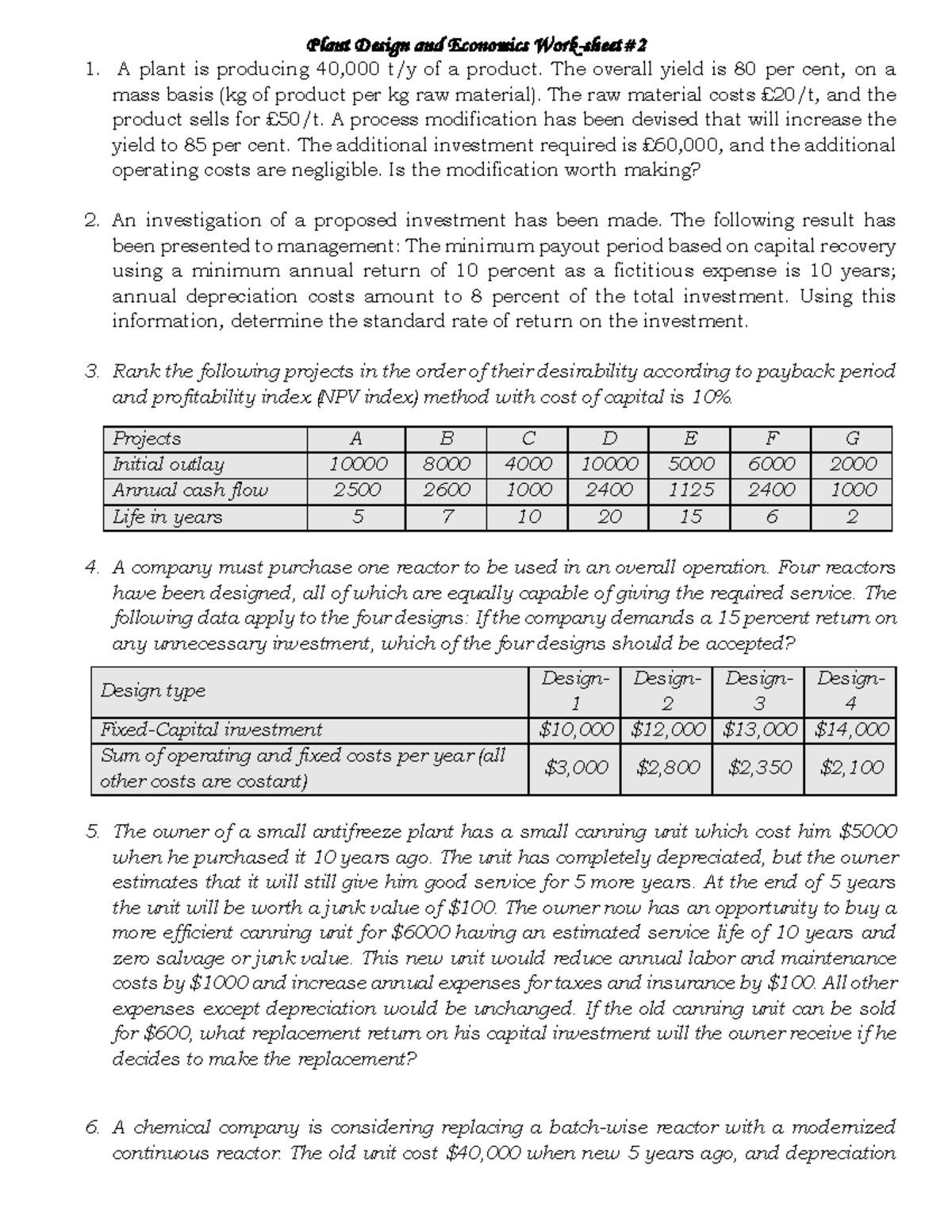 Workeshet 2 - ways of evaluation - Plant Design and Economics Work ...