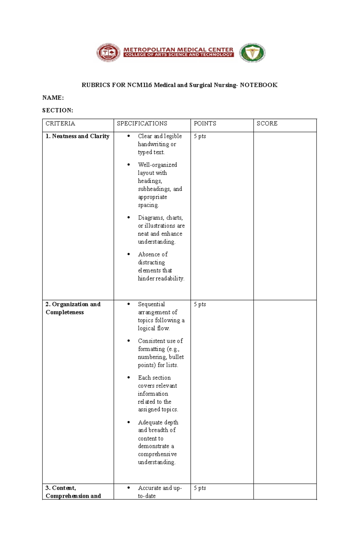 Rubrics-for-pathophy - RUBRICS FOR NCM116 Medical and Surgical Nursing ...