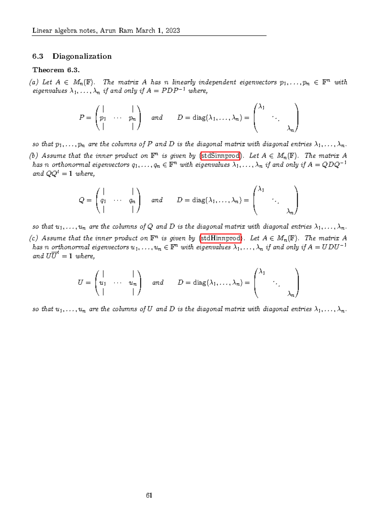 230301 Diagonalization - Linear algebra notes, Arun Ram March 1, 2023 6 ...