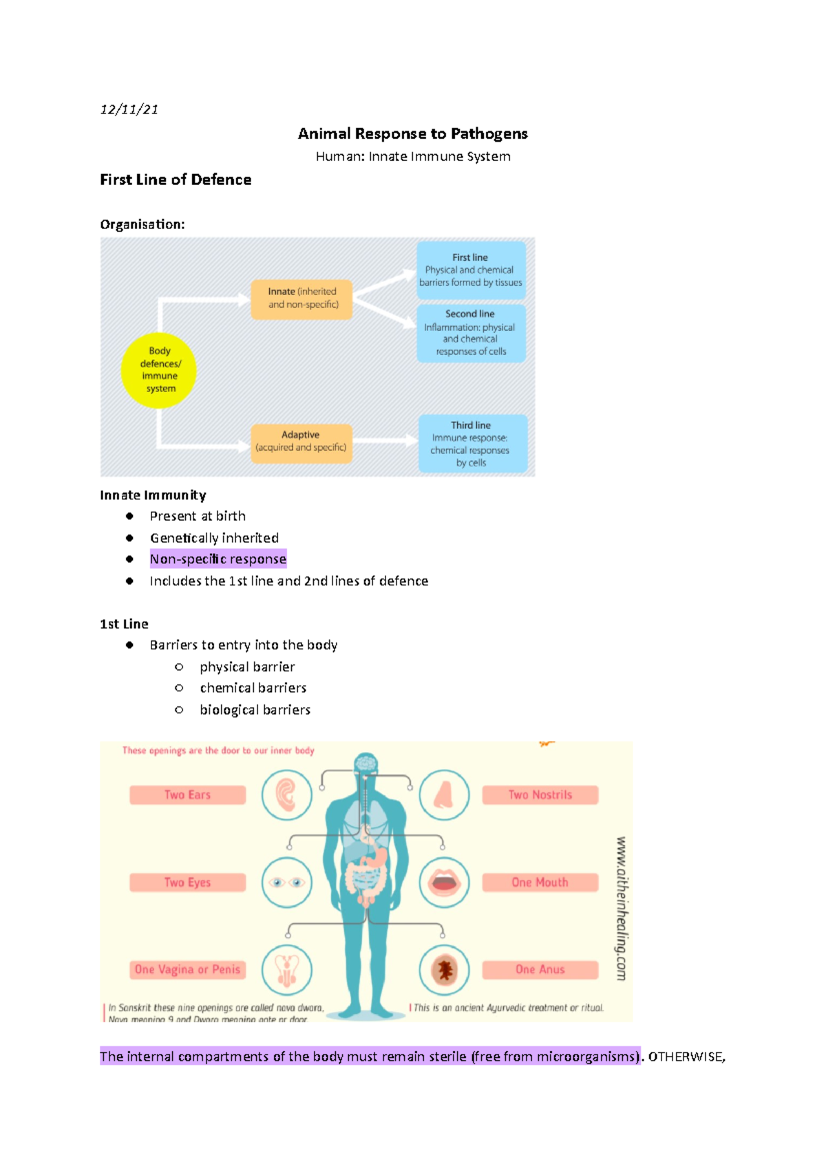 Lines of Defence - Year 12 Biology - 12/11/ Animal Response to ...