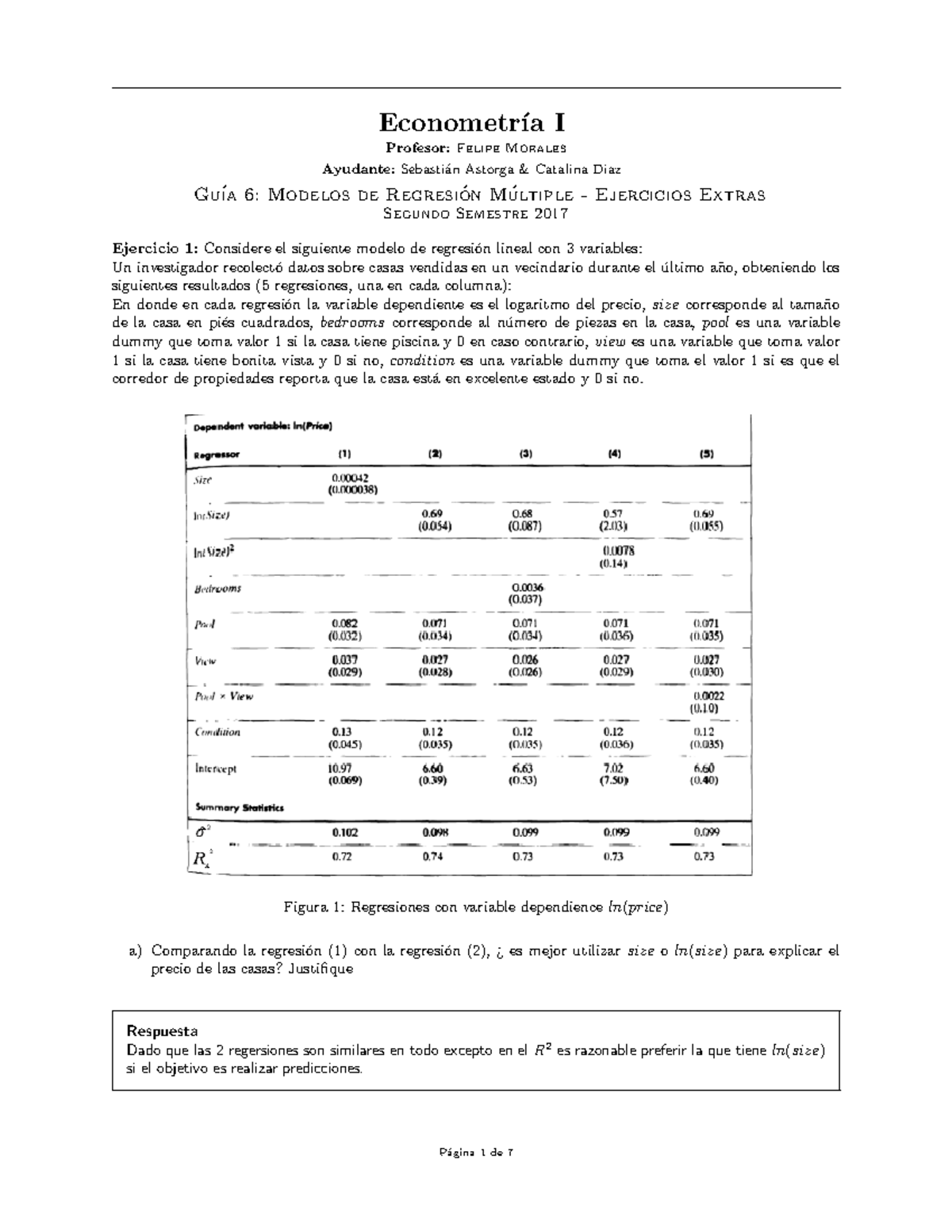 Guía 6- Modelos de Regresión Múltiple (ejercicios extras) - Econometr´ıa I Profesor: Felipe ...