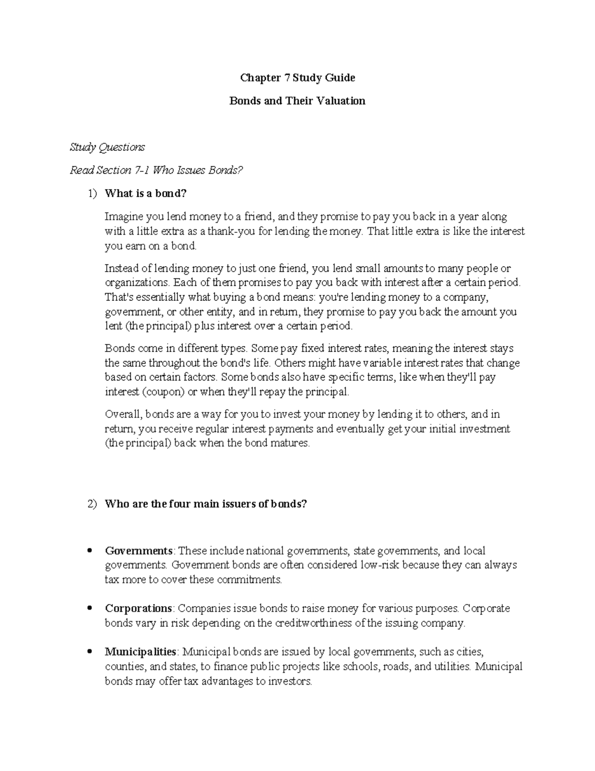 Chapter 7 Study Guide - Chapter 7 Study Guide Bonds and Their Valuation ...