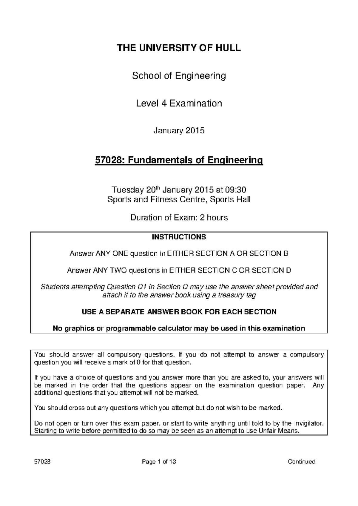Fundamentals of engineering Exam 2015 - THE UNIVERSITY OF HULL School ...