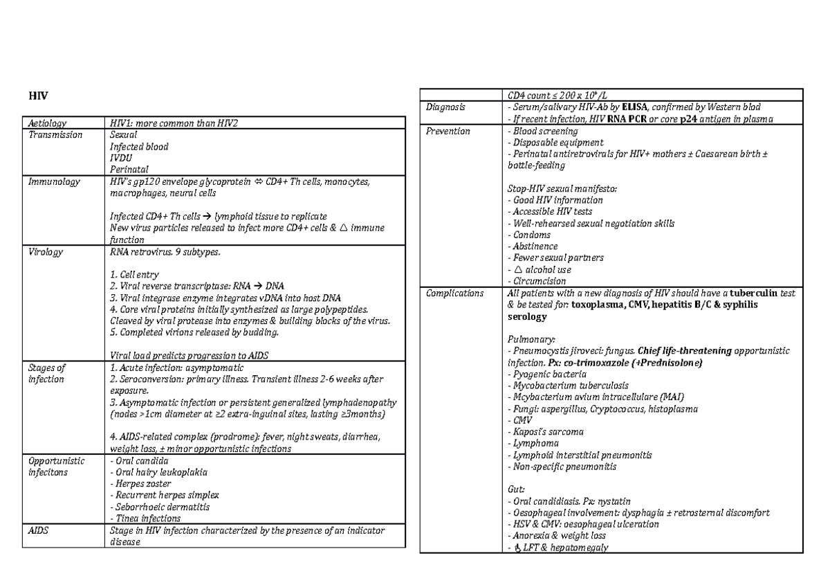 HIV lecture notes - HIV Aetiology Transmission Immunology Virology ...