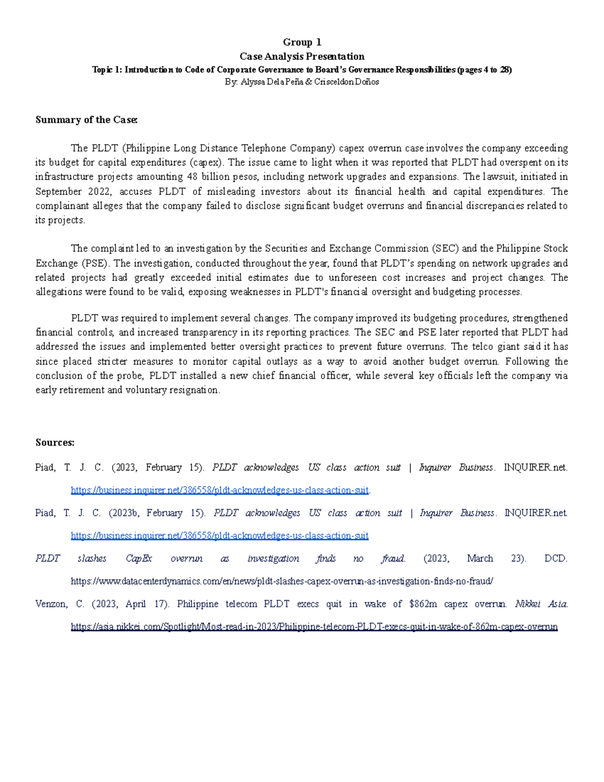 Summary if the Case - Group 1 Case Analysis Presentation Topic 1: Introduction to Code of ...