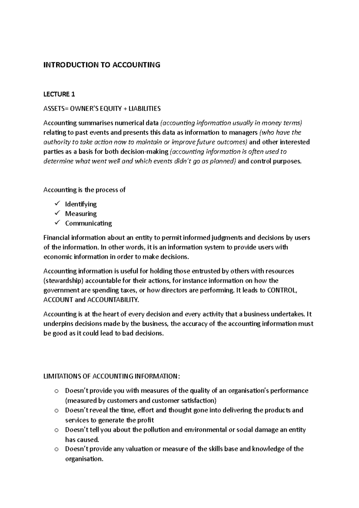 Introduction To Accounting Lecture Notes Introduction To Accounting Lecture 1 Assets Owners