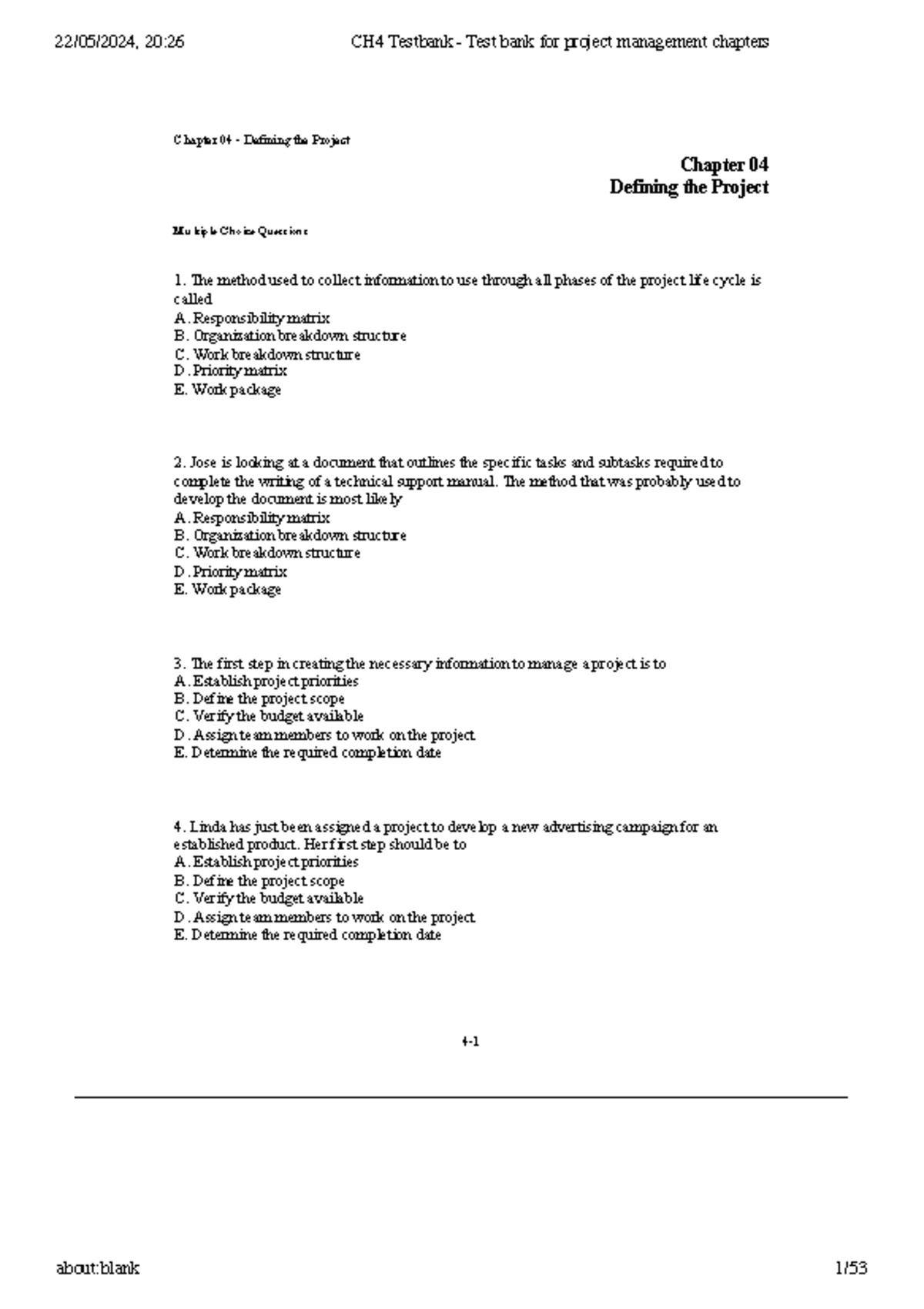 Project Mgt- Chapter 04 - Chapter 04 - Defining the Project Chapter 04 ...