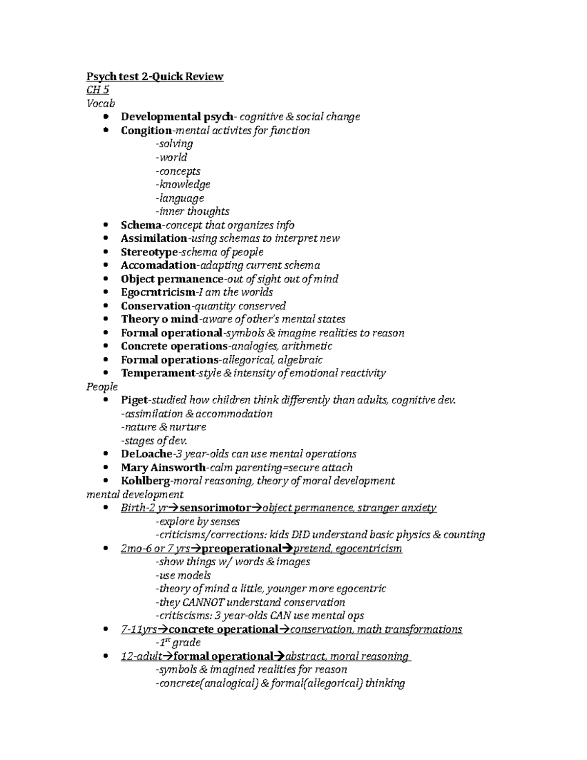 Summary - Test 2 review - Psych test 2-Quick Review CH 5 Vocab ...