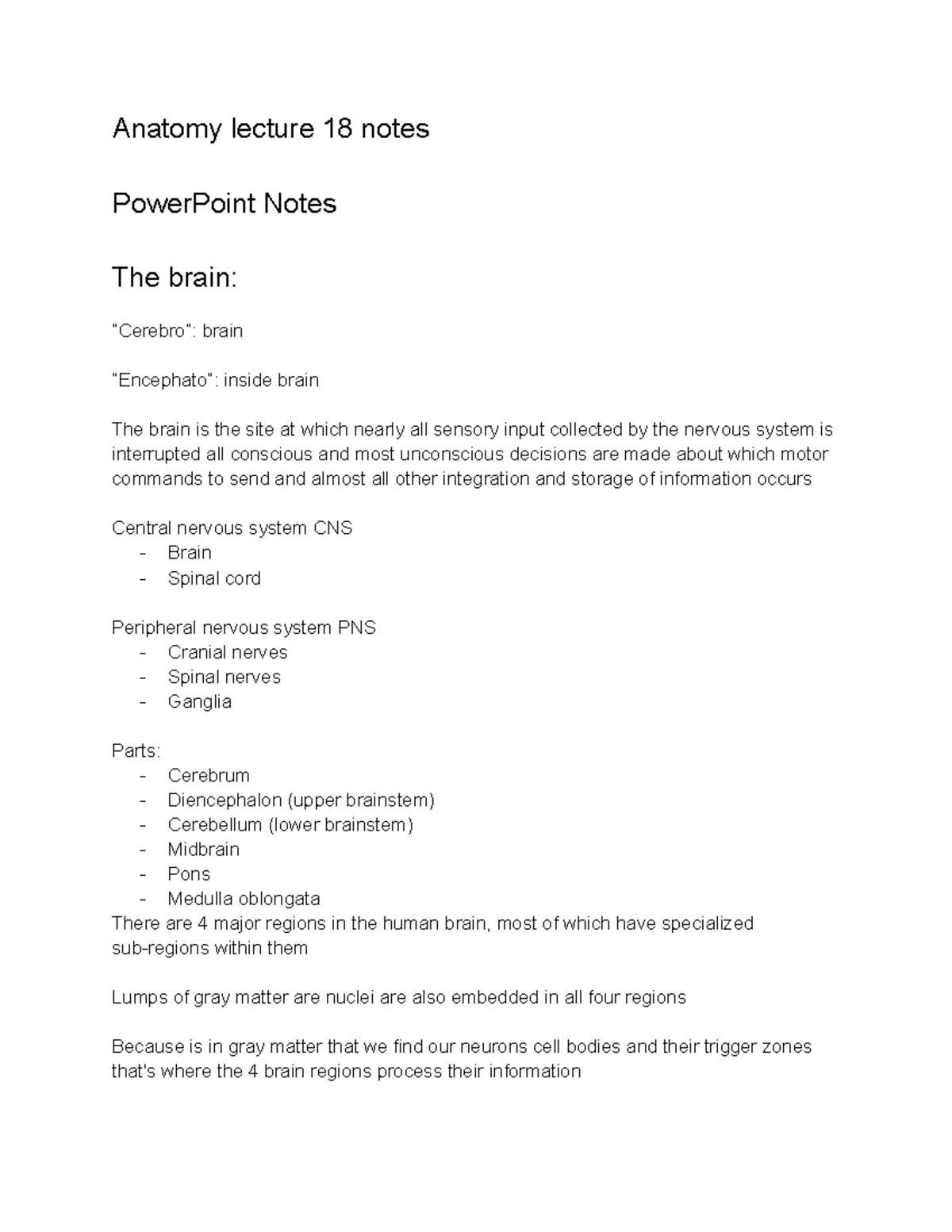 Anatomy Lecture 18 - Anatomy lecture 18 notes PowerPoint Notes The brain: