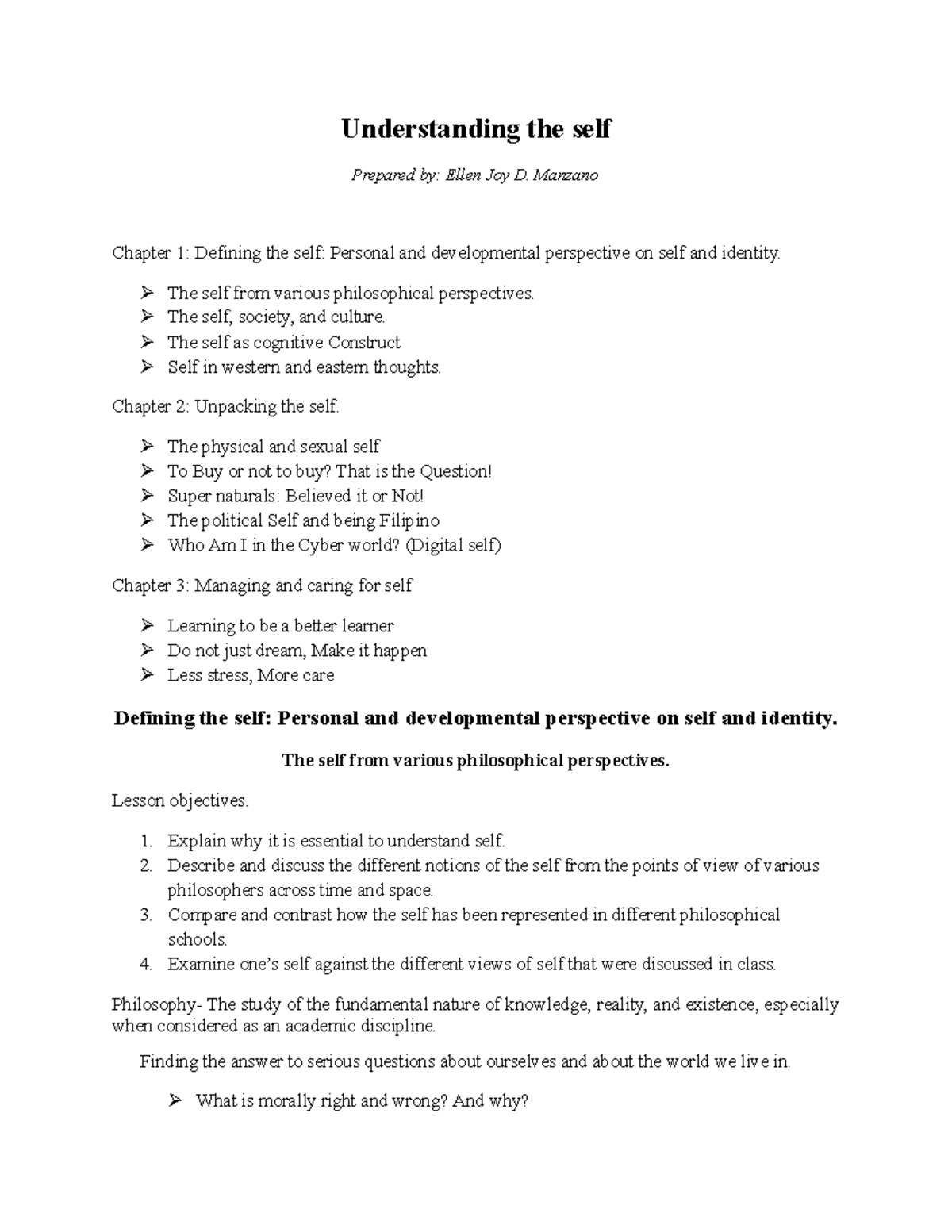 Into-UTS - Document for Into uts - Understanding the self Prepared by ...