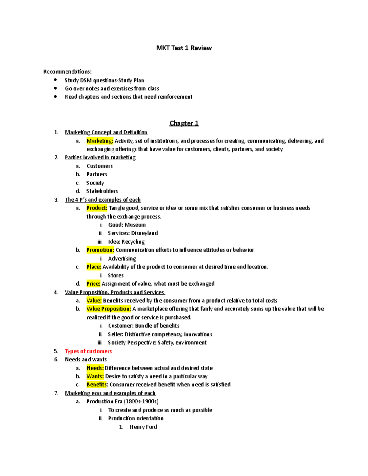 MKT SG 1 - Study Guide for exam 1 - MKT Test 1 Review Recommendations ...