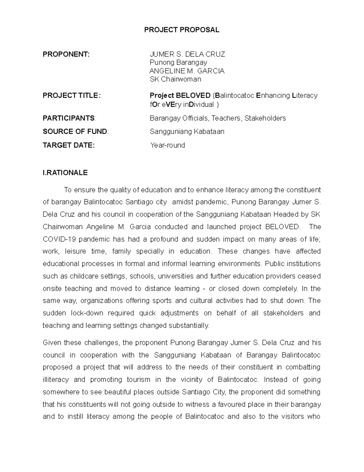 Project Bearer- A project Proposal for barangay in rebolusyon - the ...