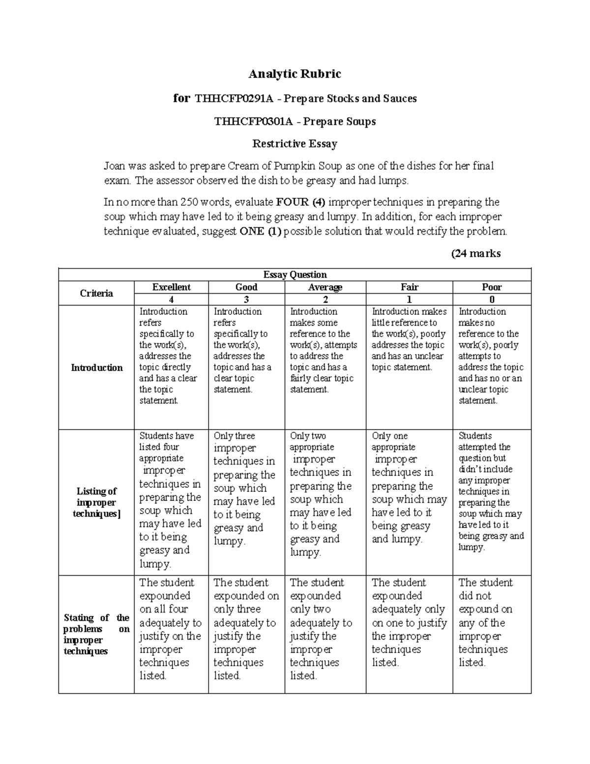 Analytical Rubric - stuff - Analytic Rubric for THHCFP0291A - Prepare ...