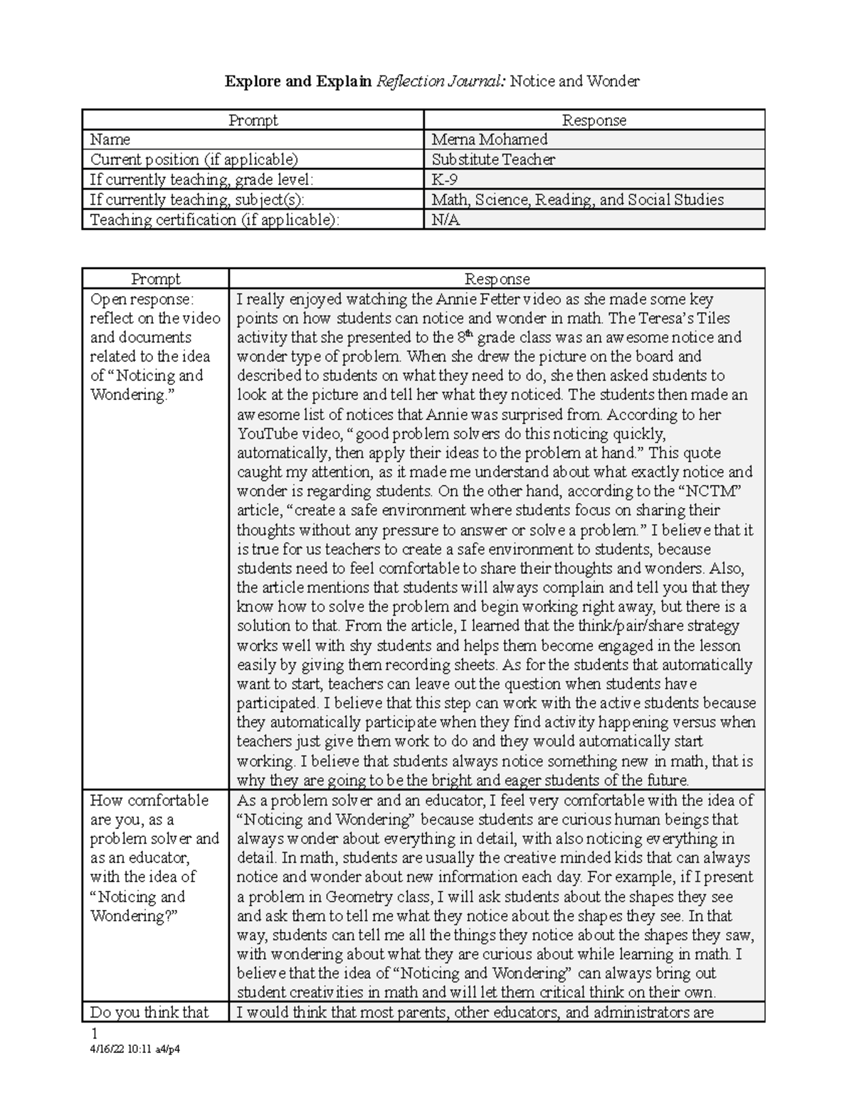 Explore and Explain Reflection Journal Notice and Wonder -Mohamed ...