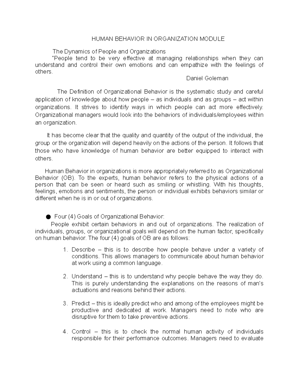 Human behavior Module for 3rd Year - HUMAN BEHAVIOR IN ORGANIZATION ...