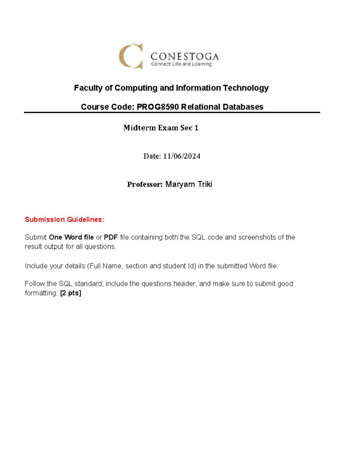 Midterm Exam S24 1 - Faculty of Computing and Information Technology Course Code: PROG8590 - Studocu